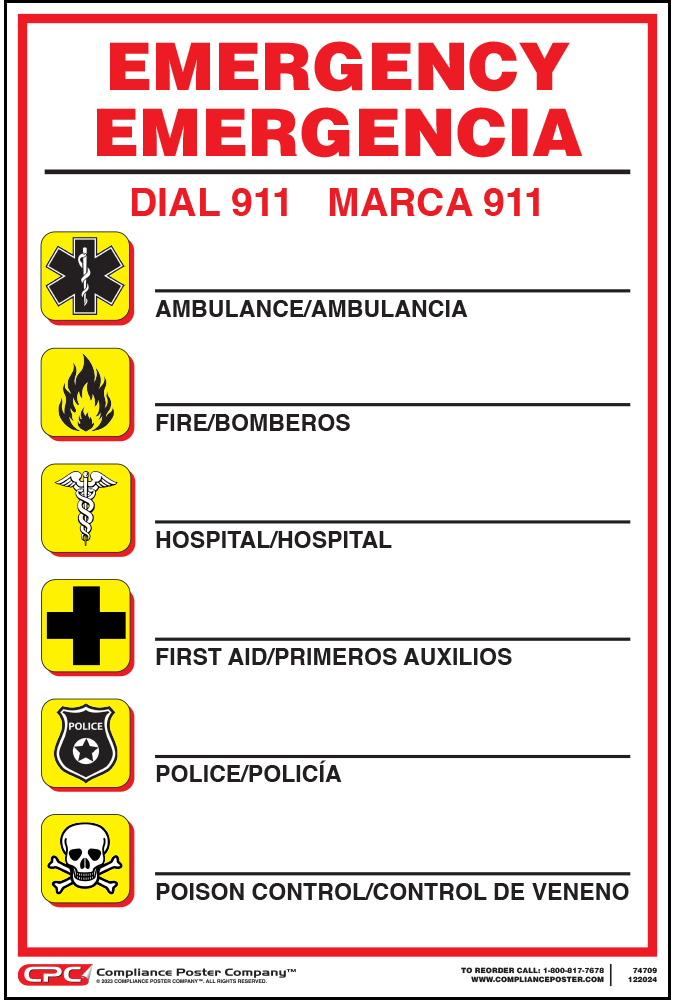 Federal Bilingual Emergency Number Poster Free Shipping Orders 50 