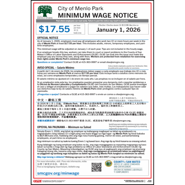 Menlo Park, CA Minimum Wage Poster - Compliance Poster Company