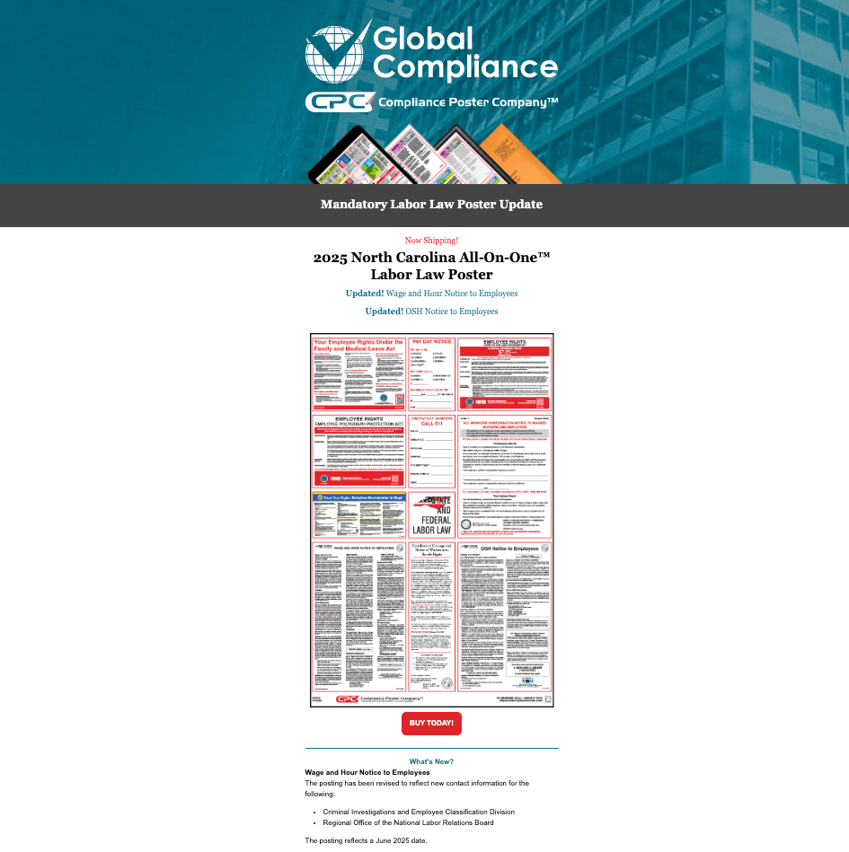 2025 Mandatory North Carolina Poster Update - Compliance Poster Company